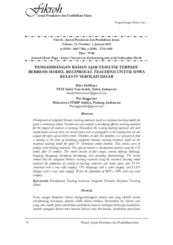(PDF) Pengembangan Bahan Ajar Tematik Terpadu Berbasis Model Reciprocal Teaching Untuk Siswa ...