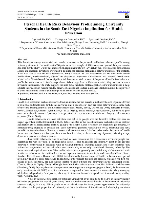 (PDF) Personal Health Risks Behaviour Profile among University Students ...