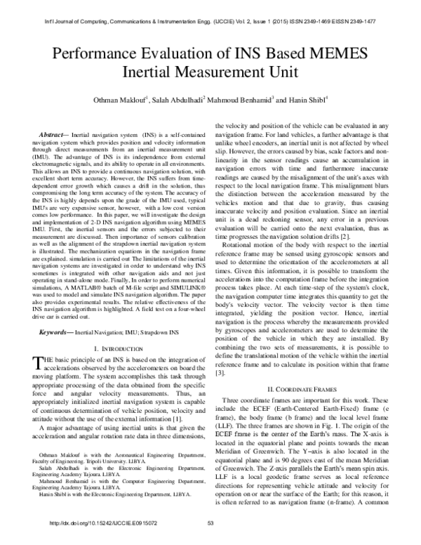 (PDF) Performance Evaluation of INS Based MEMES Inertial Measurement Unit