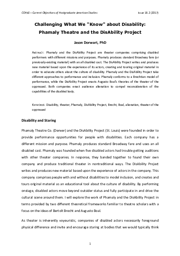 (PDF) Challenging What We “Know” about Disability: Phamaly Theatre and ...