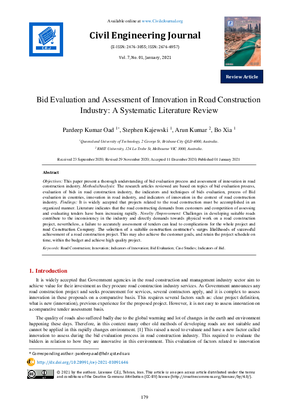 (PDF) Bid Evaluation and Assessment of Innovation in Road Construction ...