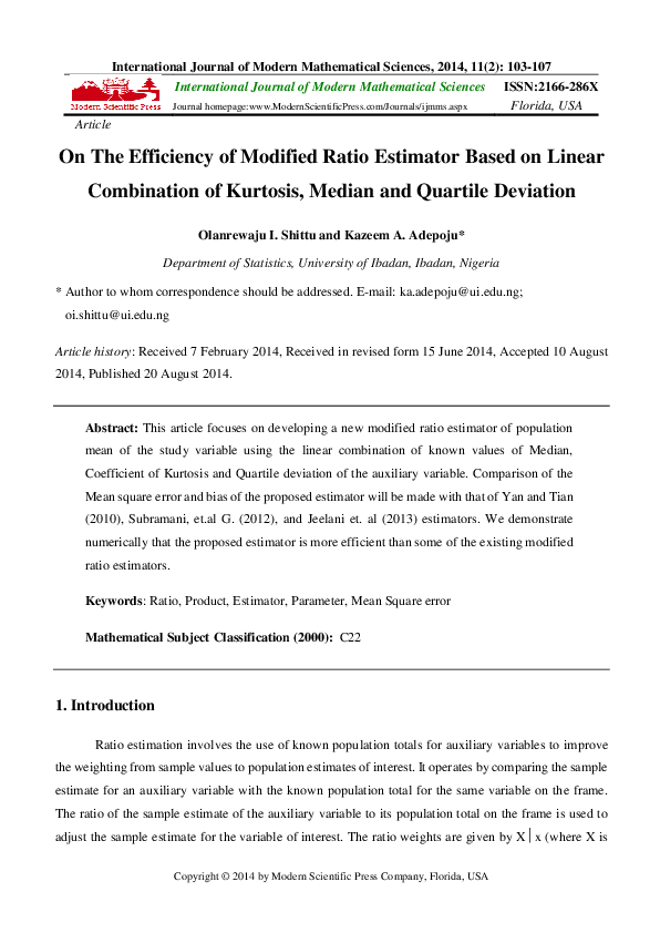 Pdf On The Efficiency Of Modified Ratio Estimator Based On Linear