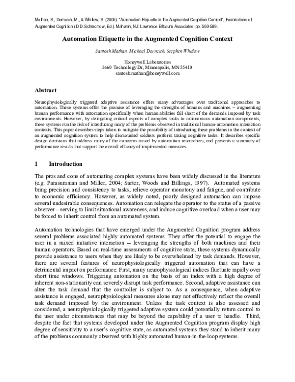 (PDF) Automation Etiquette in the Augmented Cognition Context