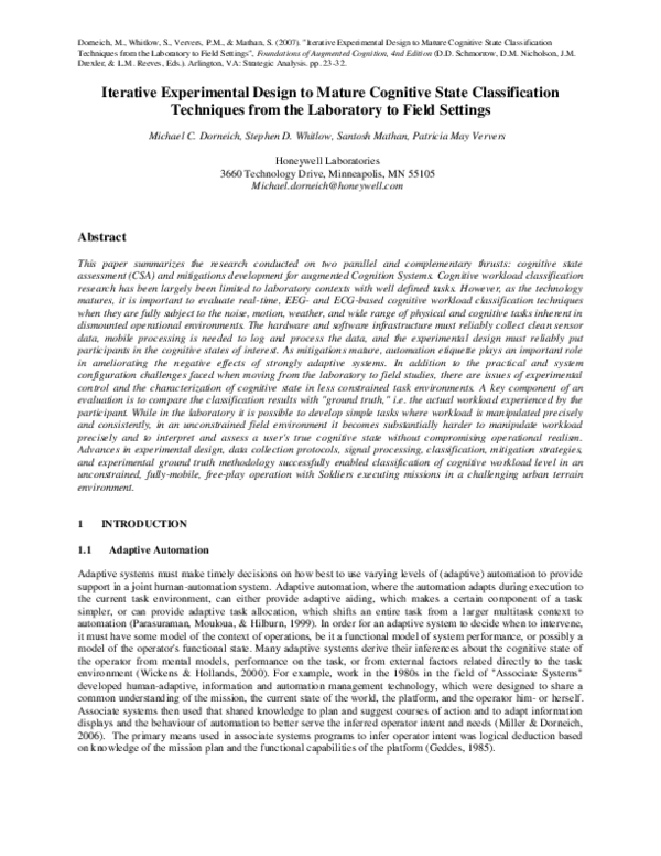 Pdf Iterative Experimental Design To Mature Cognitive State Classification Techniques From The