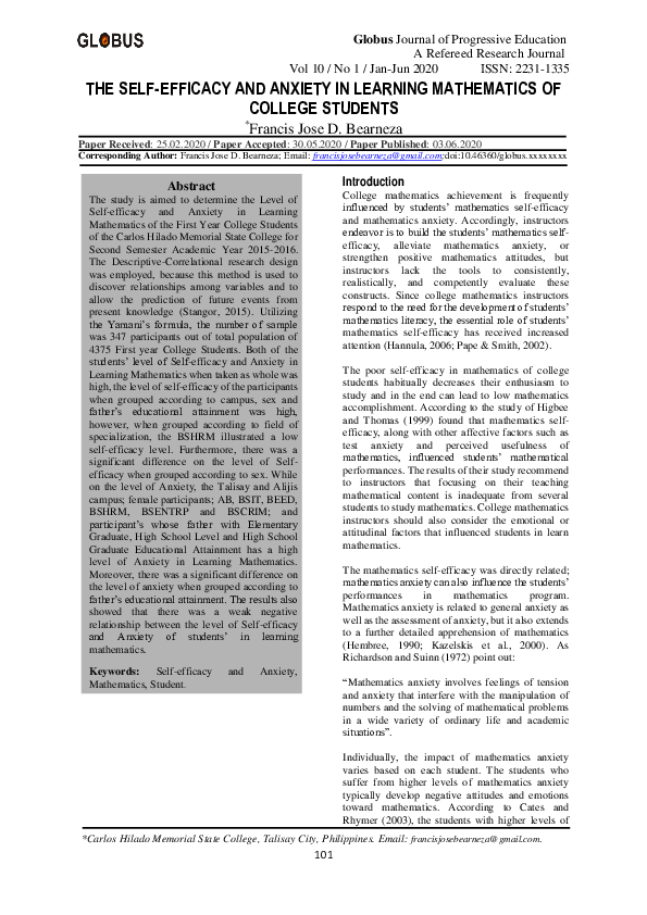 (PDF) The Self-Efficacy and Anxiety in Learning Mathematics of College ...