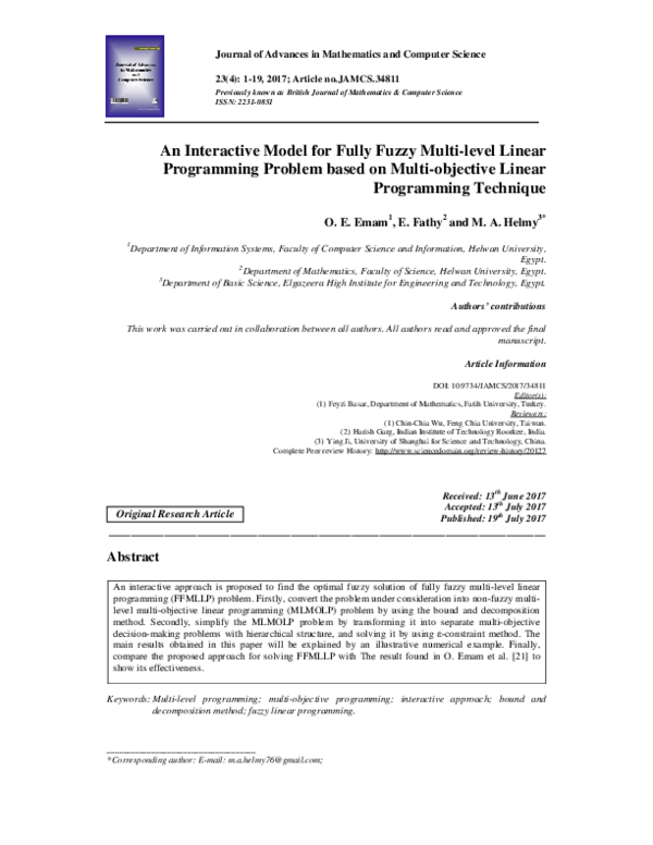 (PDF) An Interactive Model for Fully Fuzzy Multi-level Linear Programming Problem based on Multi ...