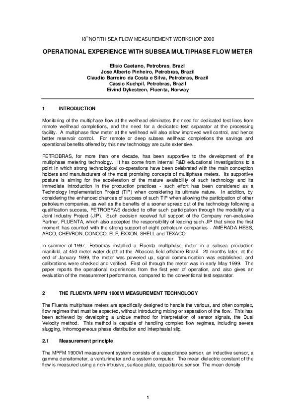 (PDF) Operational Experience with Subsea Multiphase Flow Meter
