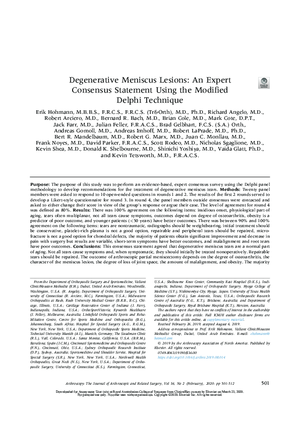 (PDF) Degenerative Meniscus Lesions: An Expert Consensus Statement Using the Modified Delphi ...
