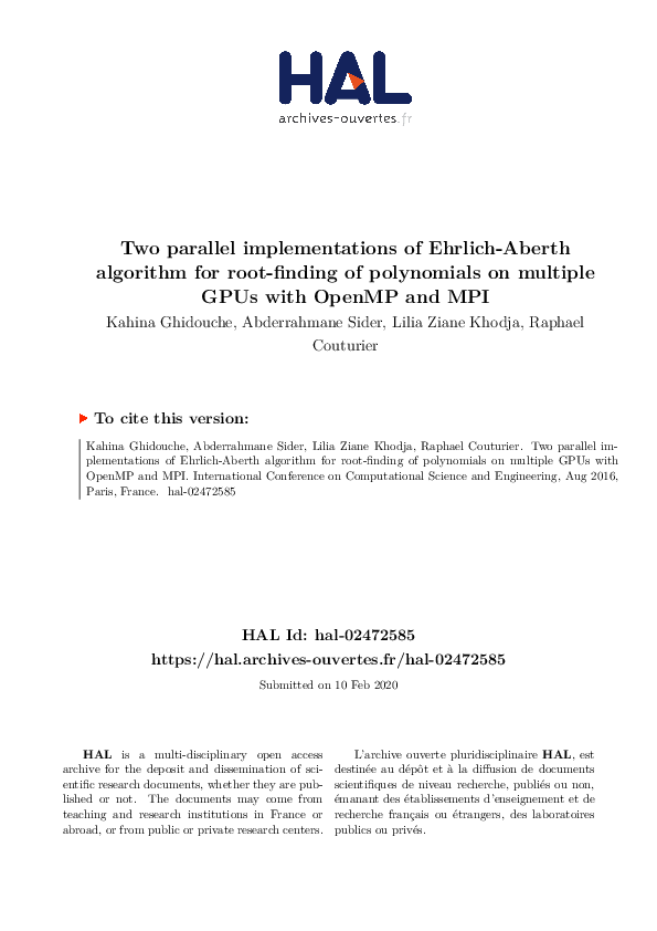 Pdf Two Parallel Implementations Of Ehrlich Aberth Algorithm For Root
