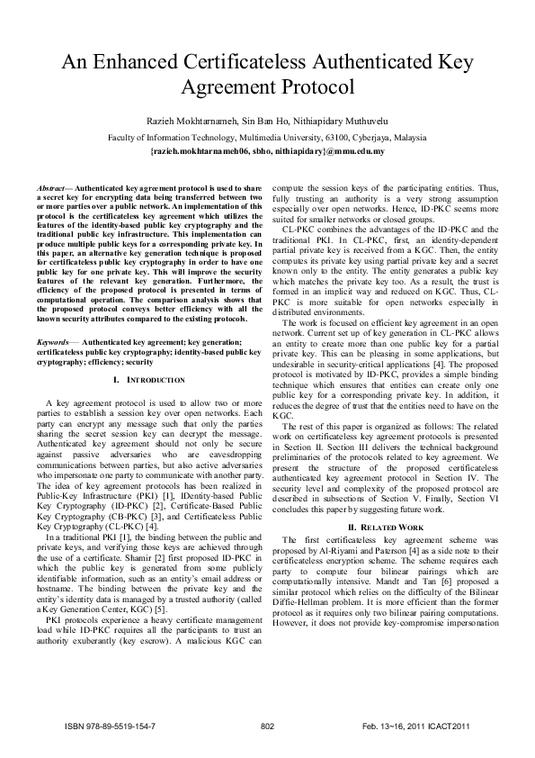 Pdf An Enhanced Certificateless Authenticated Key Agreement Protocol Sin Ban Ho