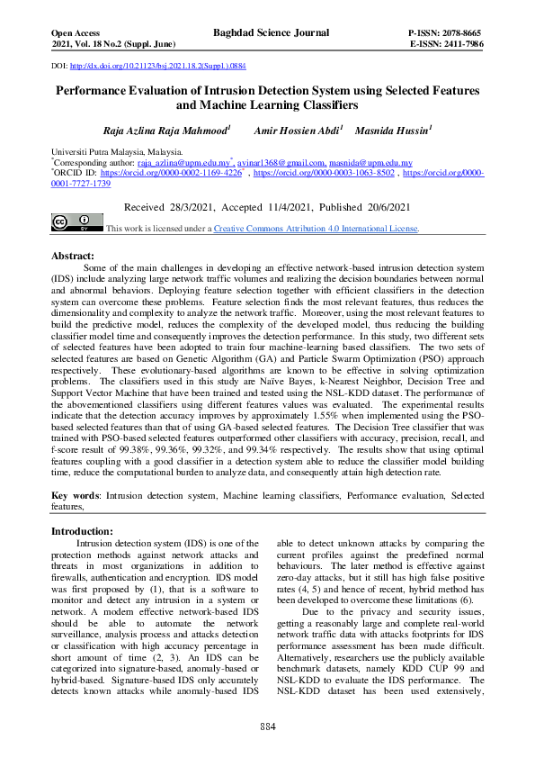 (PDF) Performance Evaluation of Intrusion Detection System using Selected Features and Machine ...