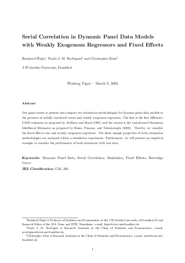 Pdf Serial Correlation In Dynamic Panel Data Models With Weakly Exogenous Regressors And Fixed
