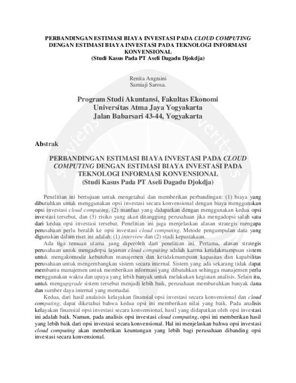(PDF) PERBANDINGAN ESTIMASI BIAYA INVESTASI PADA CLOUD COMPUTING DENGAN ESTIMASI BIAYA INVESTASI ...