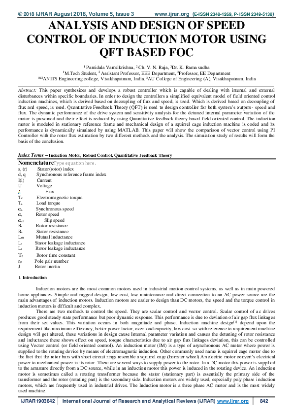(PDF) Analysis and Design of Speed Control of Induction Motor Using QFT Based Foc