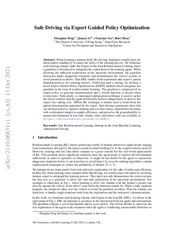 (PDF) Safe Driving via Expert Guided Policy Optimization