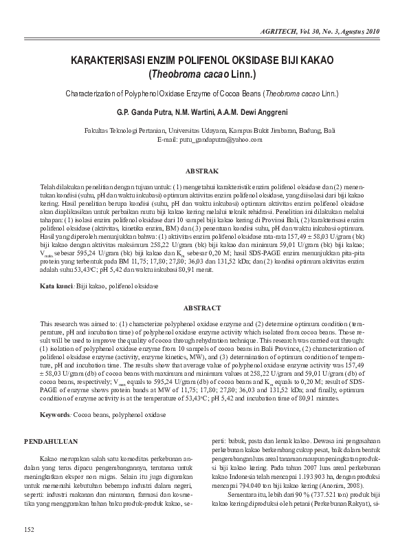 (PDF) KARAKTERISASI ENZIM POLIFENOL OKSIDASE BIJI KAKAO (Theobroma ...