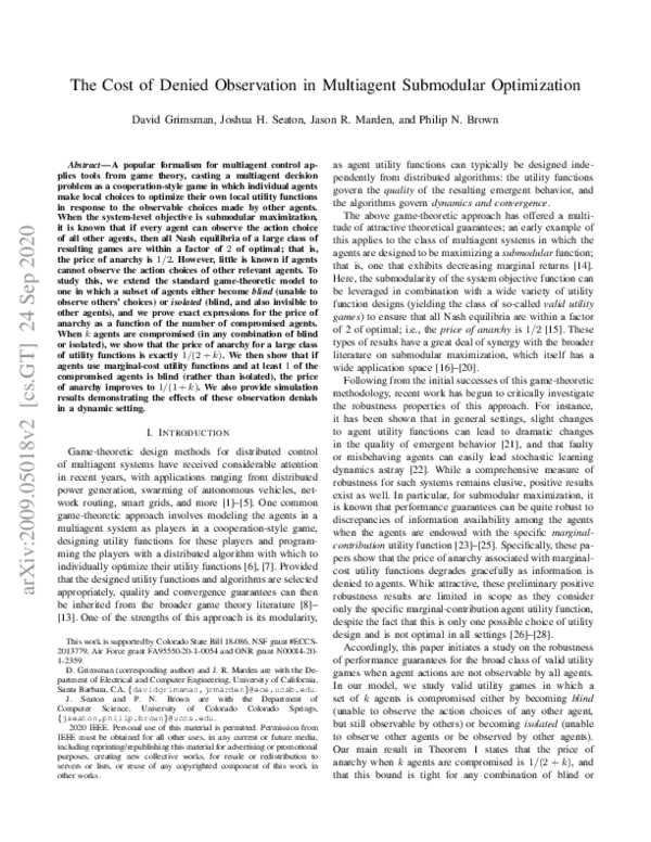 (PDF) The Cost of Denied Observation in Multiagent Submodular Optimization