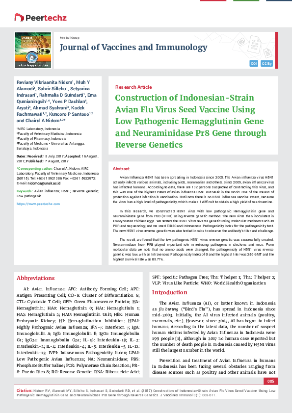 (PDF) Construction of Indonesian-Strain Avian Flu Virus Seed Vaccine ...