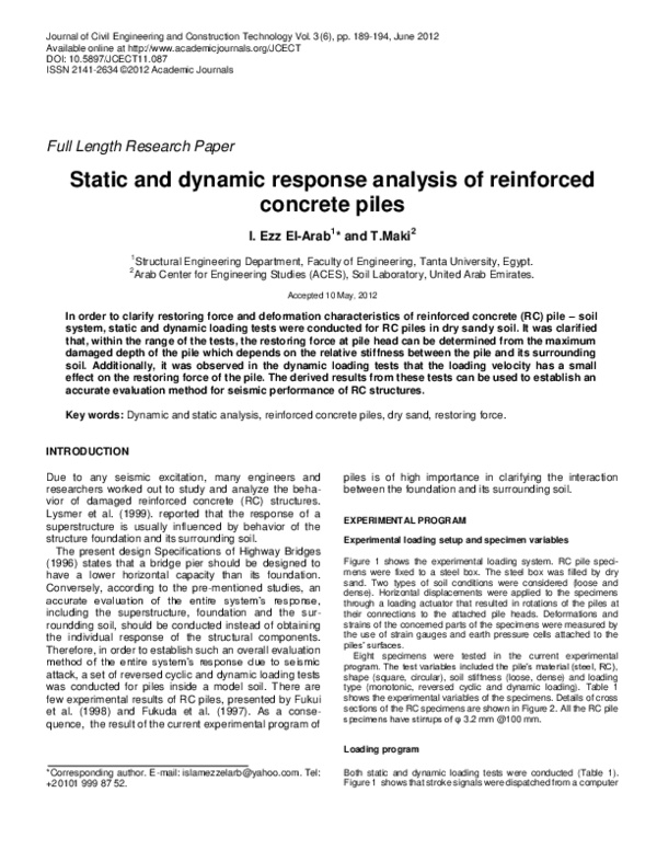 (PDF) Static and dynamic response analysis of reinforced concrete piles