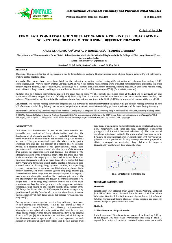 Pdf Formulation And Evaluation Of Floating Microspheres Of Ciprofloxacin By Solvent
