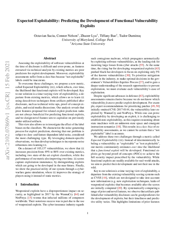 (PDF) Expected Exploitability: Predicting the Development of Functional Vulnerability Exploits
