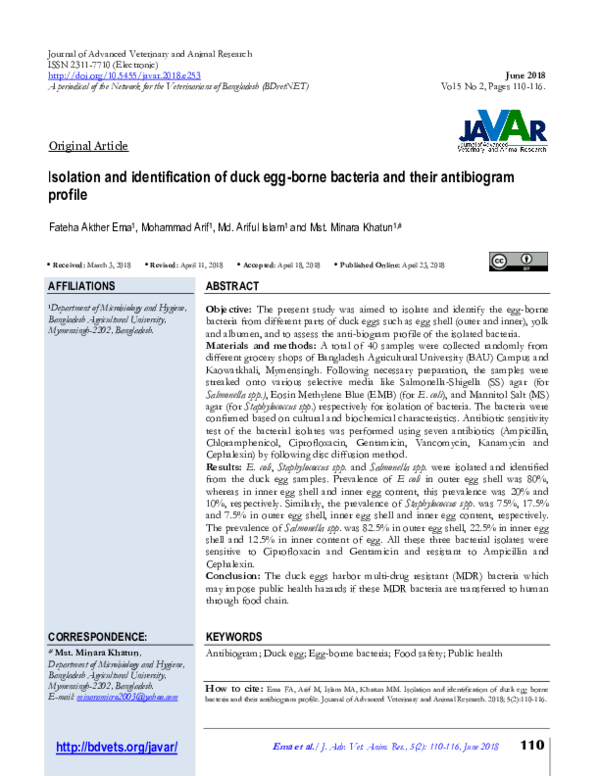 Isolation and identification of duck egg-borne bacteria and their ...