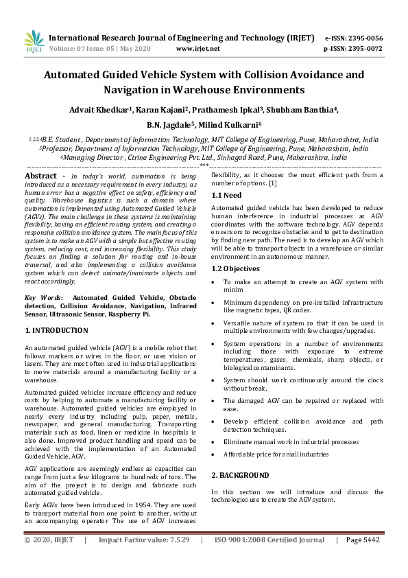 Pdf Automated Guided Vehicle System With Collision Avoidance And Navigation In Warehouse