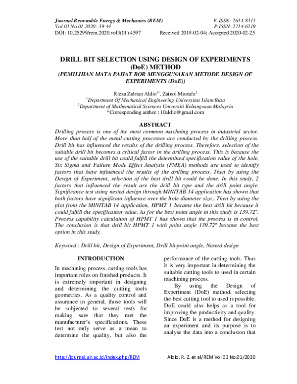 (PDF) DRILL BIT SELECTION USING DESIGN OF EXPERIMENTS (DoE) METHOD