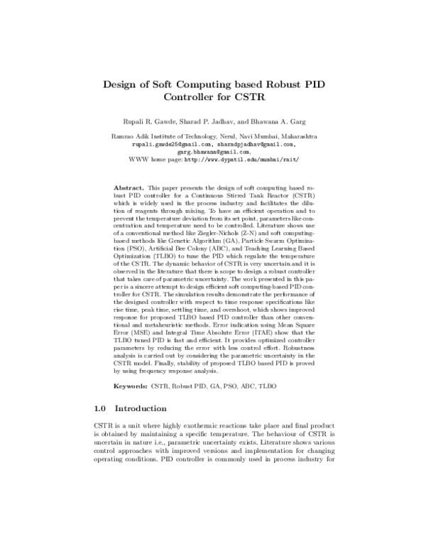 Pdf Design Of Soft Computing Based Robust Pid Controller For Cstr