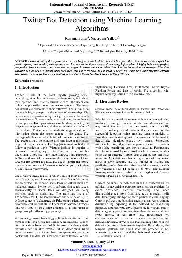 Pdf Twitter Bot Detection Using Machine Learning Algorithms