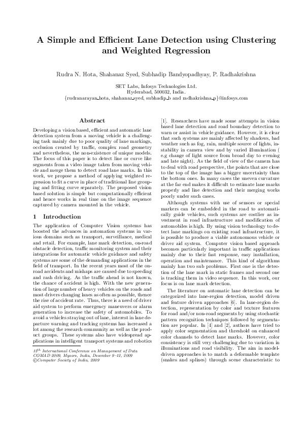 (PDF) A Simple and Efficient Lane Detection using Clustering and Weighted Regression