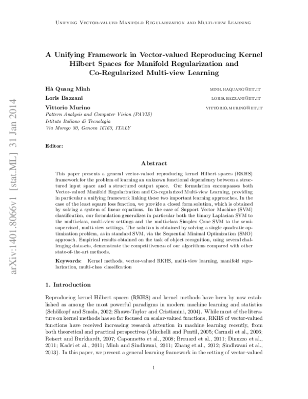 Pdf A Unifying Framework In Vector Valued Reproducing Kernel Hilbert