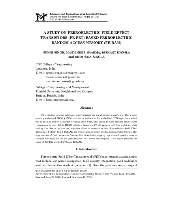 (PDF) A Study on Ferroelectric Field Effect Transistors (Fe-Fet) Based ...