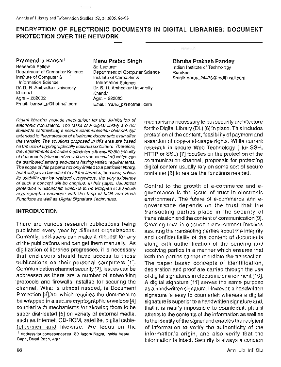 (PDF) Encryption of electronic documents in digital libraries ...