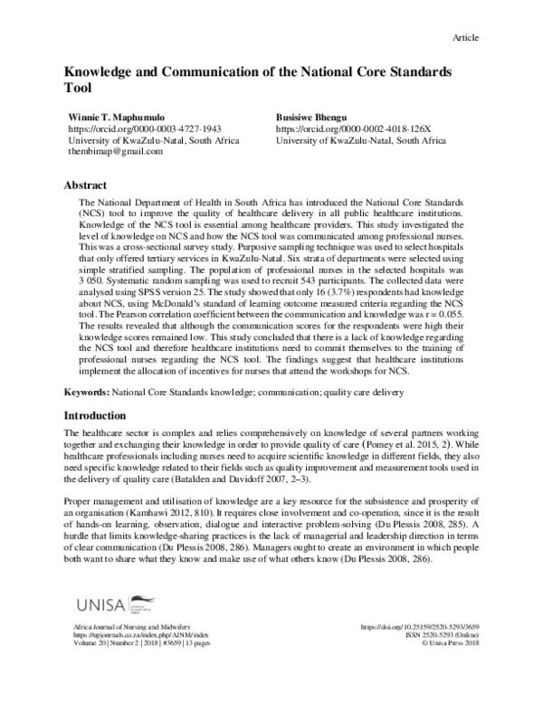 (PDF) Knowledge and Communication of the National Core Standards Tool