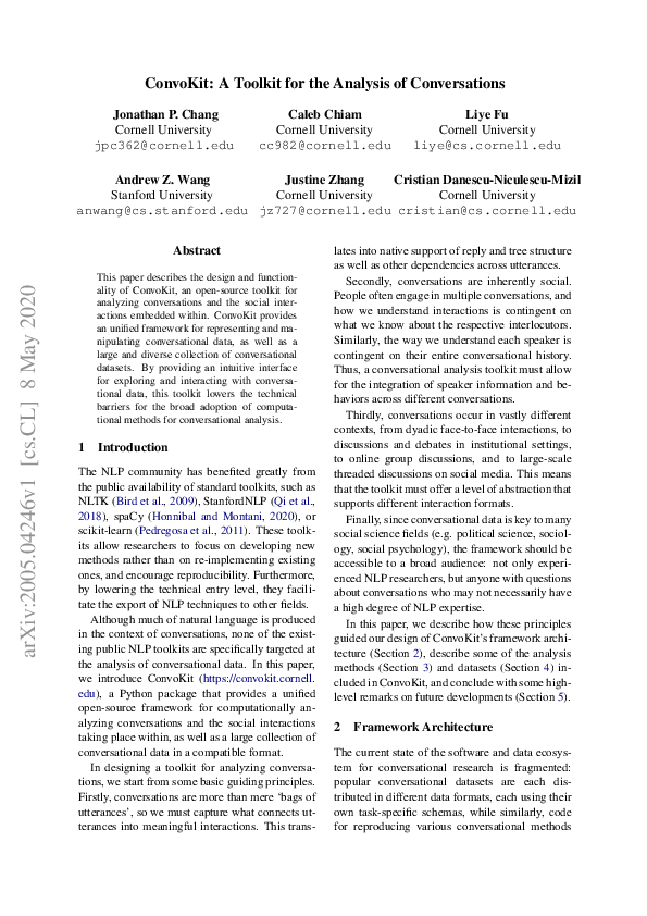 (PDF) ConvoKit: A Toolkit for the Analysis of Conversations