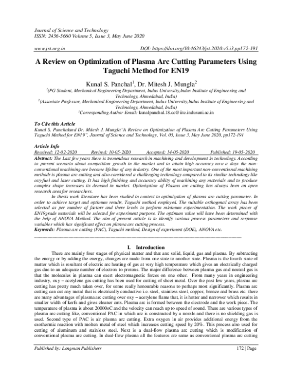 (PDF) A Review on Optimization of Plasma Arc Cutting Parameters Using Taguchi Method for EN19