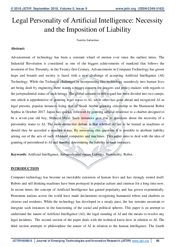 (PDF) Legal Personality of Artificial Intelligence: Necessity and the Imposition of Liability