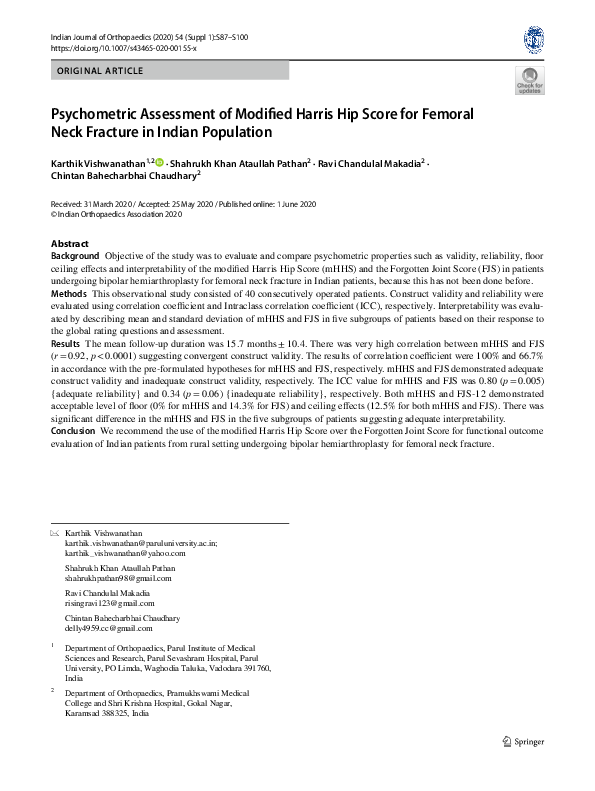 (PDF) Psychometric Assessment of Modified Harris Hip Score for Femoral ...
