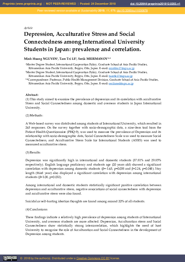 (PDF) Depression, Acculturative Stress and Social Connectedness among ...