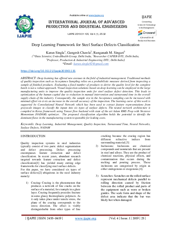 (PDF) Deep Learning Framework for Steel Surface Defects Classification | Gangesh Chawla ...