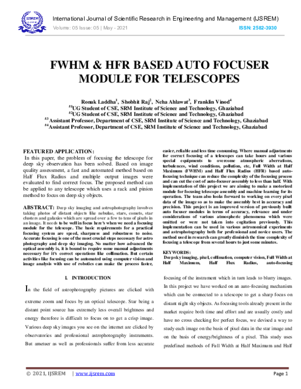 (PDF) FWHM & HFR Based Auto Focuser Module for Telescopes