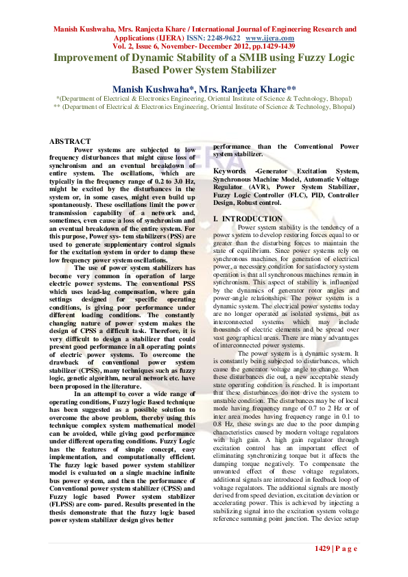 (PDF) Improvement of Dynamic Stability of a SMIB using Fuzzy Logic Based Power System Stabilizer