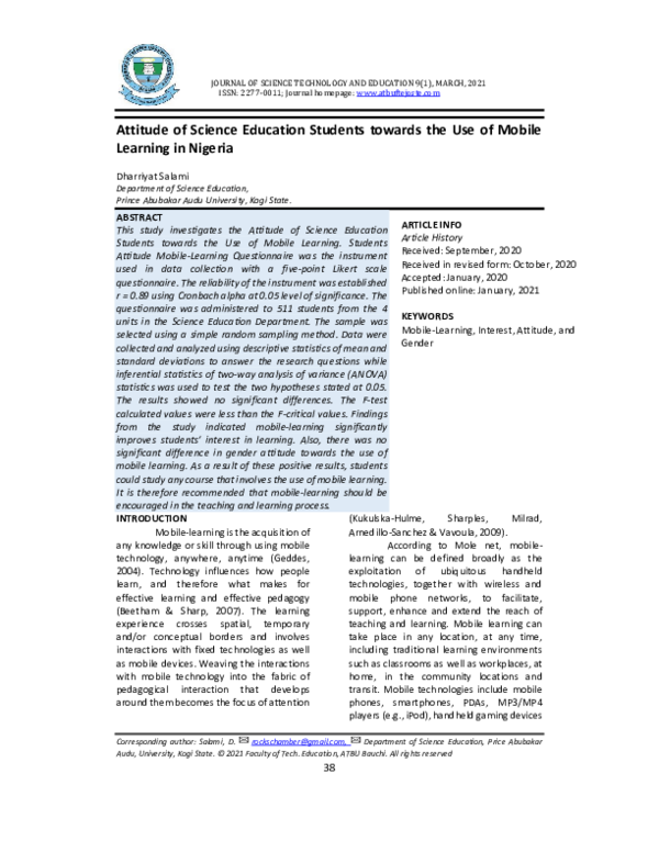 PDF Attitude Of Science Education Students Towards The Use Of Mobile Learning In Nigeria pdf-attitude-of-science-education-students-towards-the-use-of-mobile-learning-in-nigeria