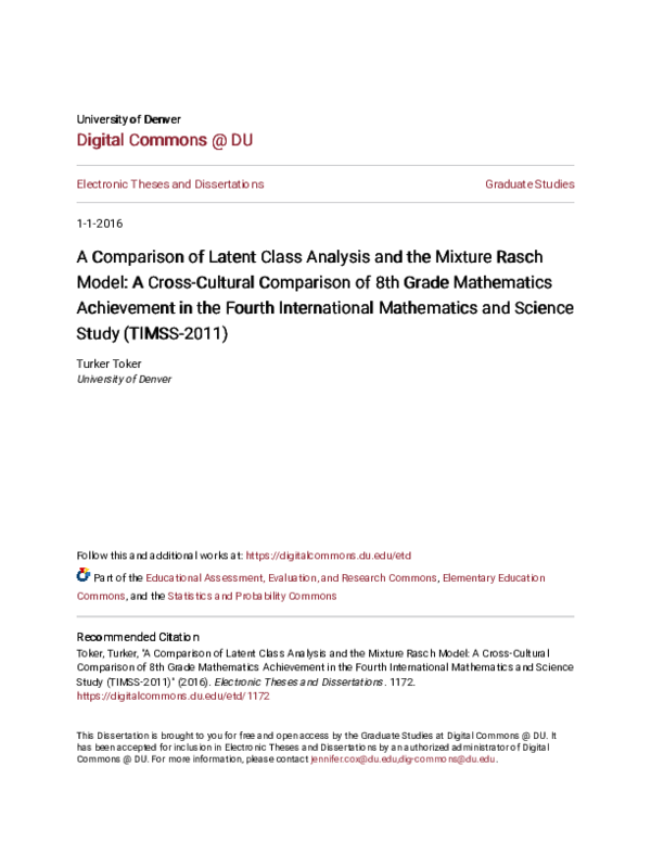 Pdf A Comparison Of Latent Class Analysis And The Mixture Rasch Model Using 8th Grade