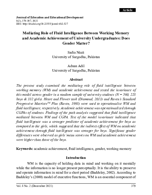 (PDF) Mediating Role of Fluid Intelligence Between Working Memory and Academic Achievement of ...