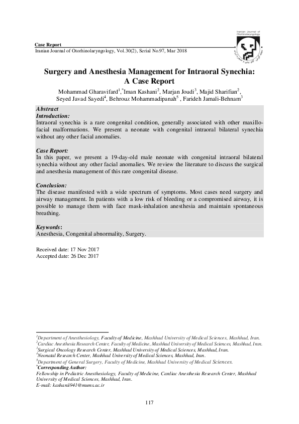 (PDF) Surgery and Anesthesia Management for Intraoral Synechia: A Case ...