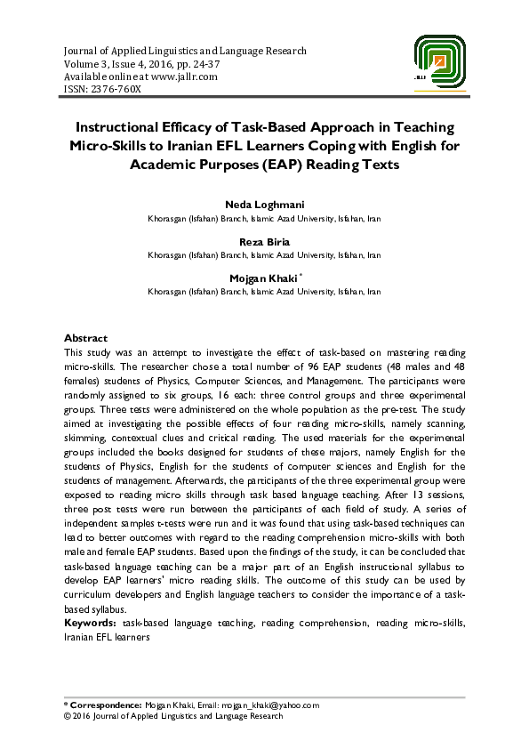 (PDF) Instructional Efficacy of Task-Based Approach in Teaching Micro-Skills to Iranian EFL ...