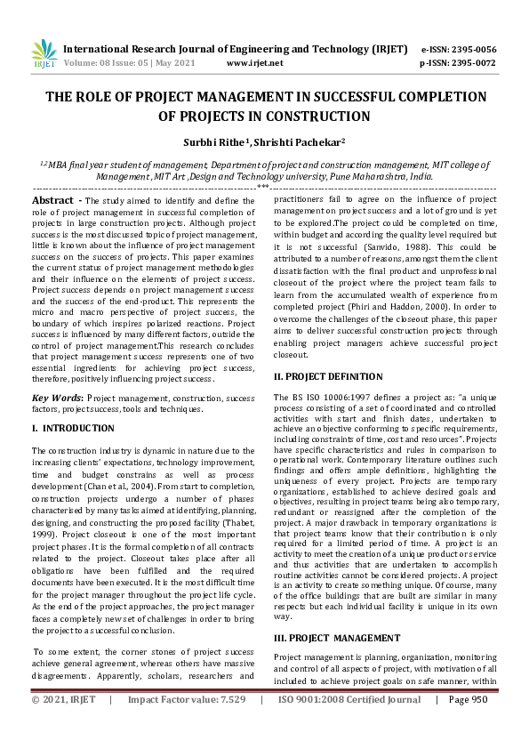 (PDF) The Role of Project Management in Successful Completion of ...