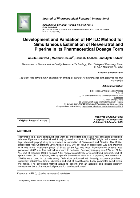 Pdf Development And Validation Of Hptlc Method For Simultaneous Estimation Of Resveratrol And